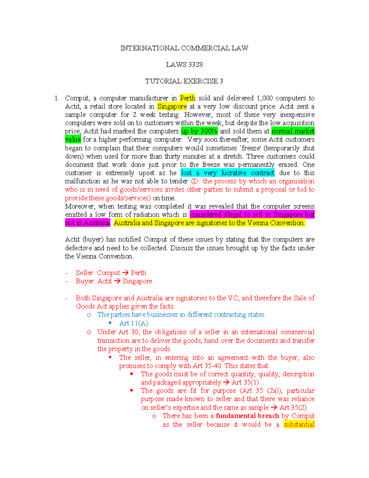 INTERNATIONAL COMMERCIAL LAW LAWS 3328 TUTORIAL EXERCISE 3 ANALYSIS ...