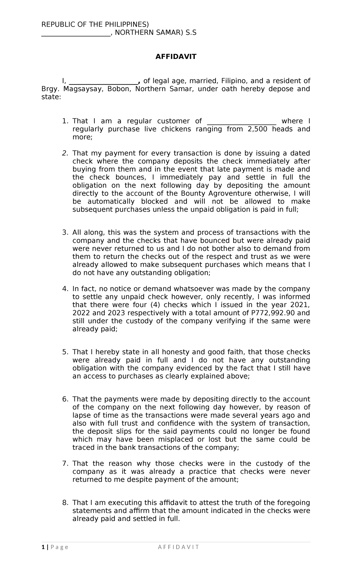 Affidavit - Confirmation of Payment Status for Checks Issued - Studocu