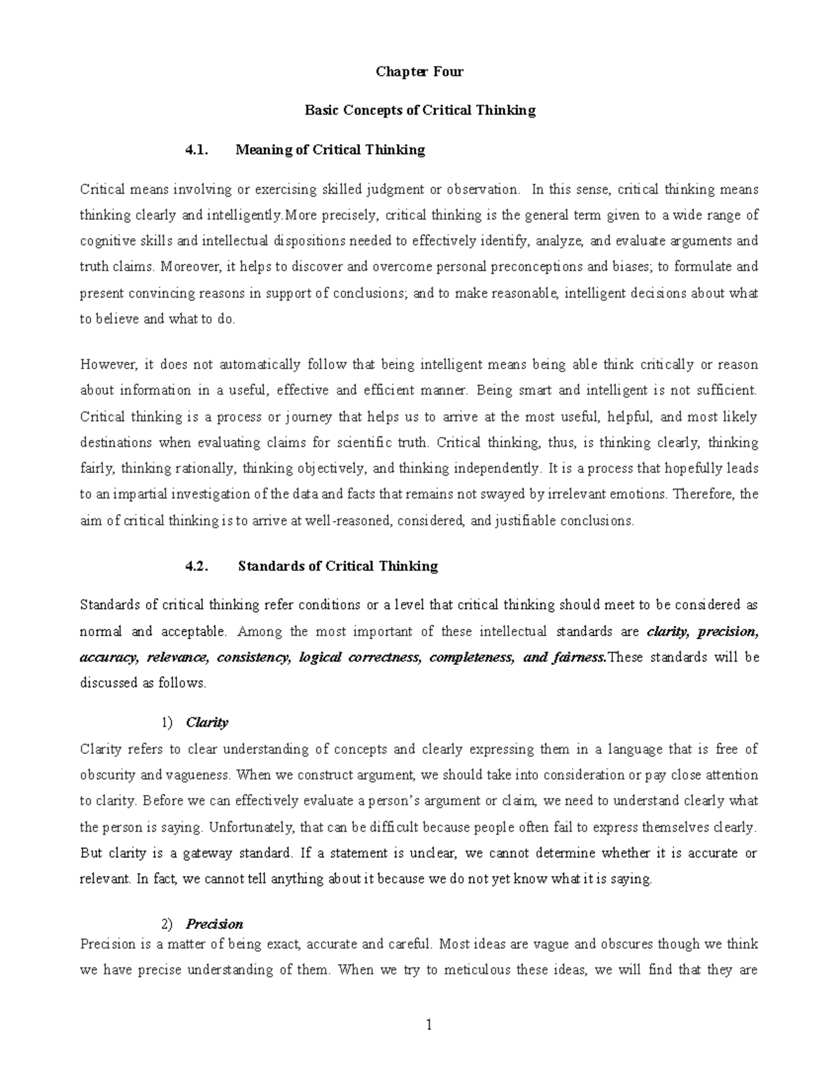 Chapter IV - good - Chapter Four Basic Concepts of Critical Thinking 4 ...
