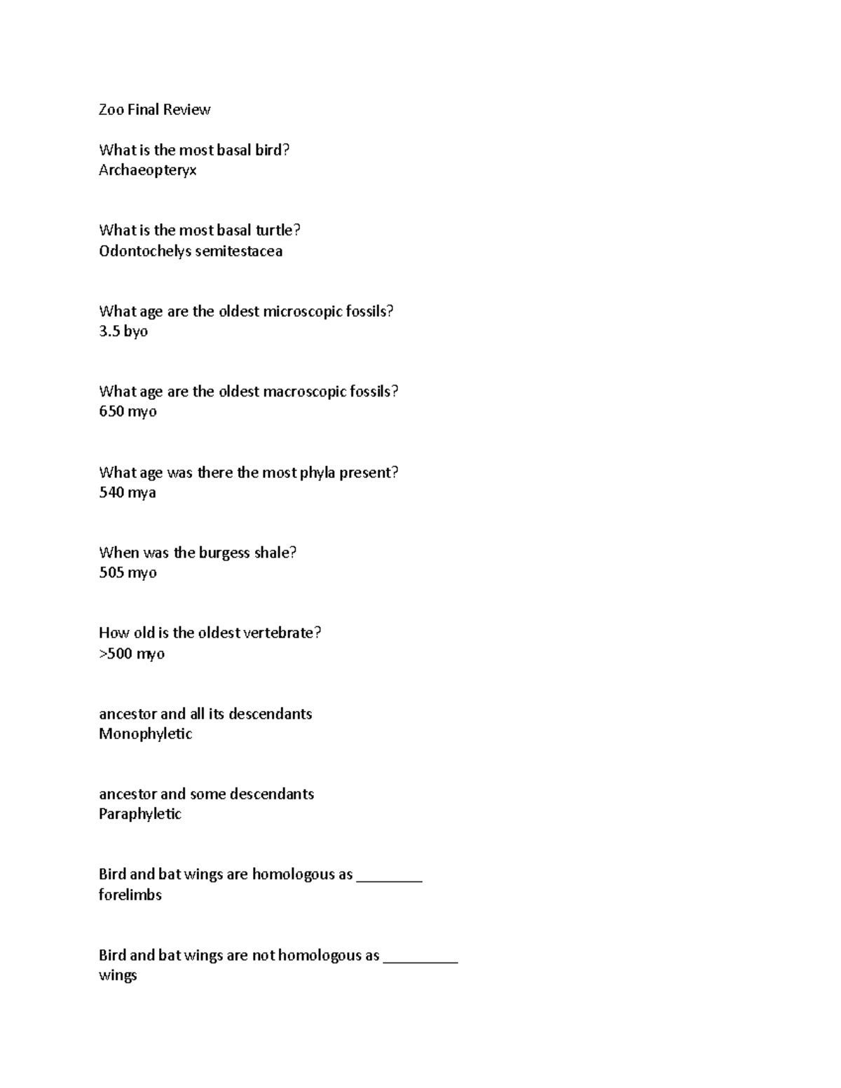 Zoo Final Review - Zoo Final Review What is the most basal bird ...