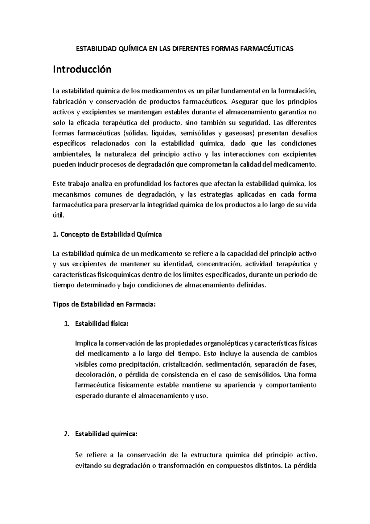 Estabilidad Química en Formas Farmacéuticas: Análisis y Control - Studocu