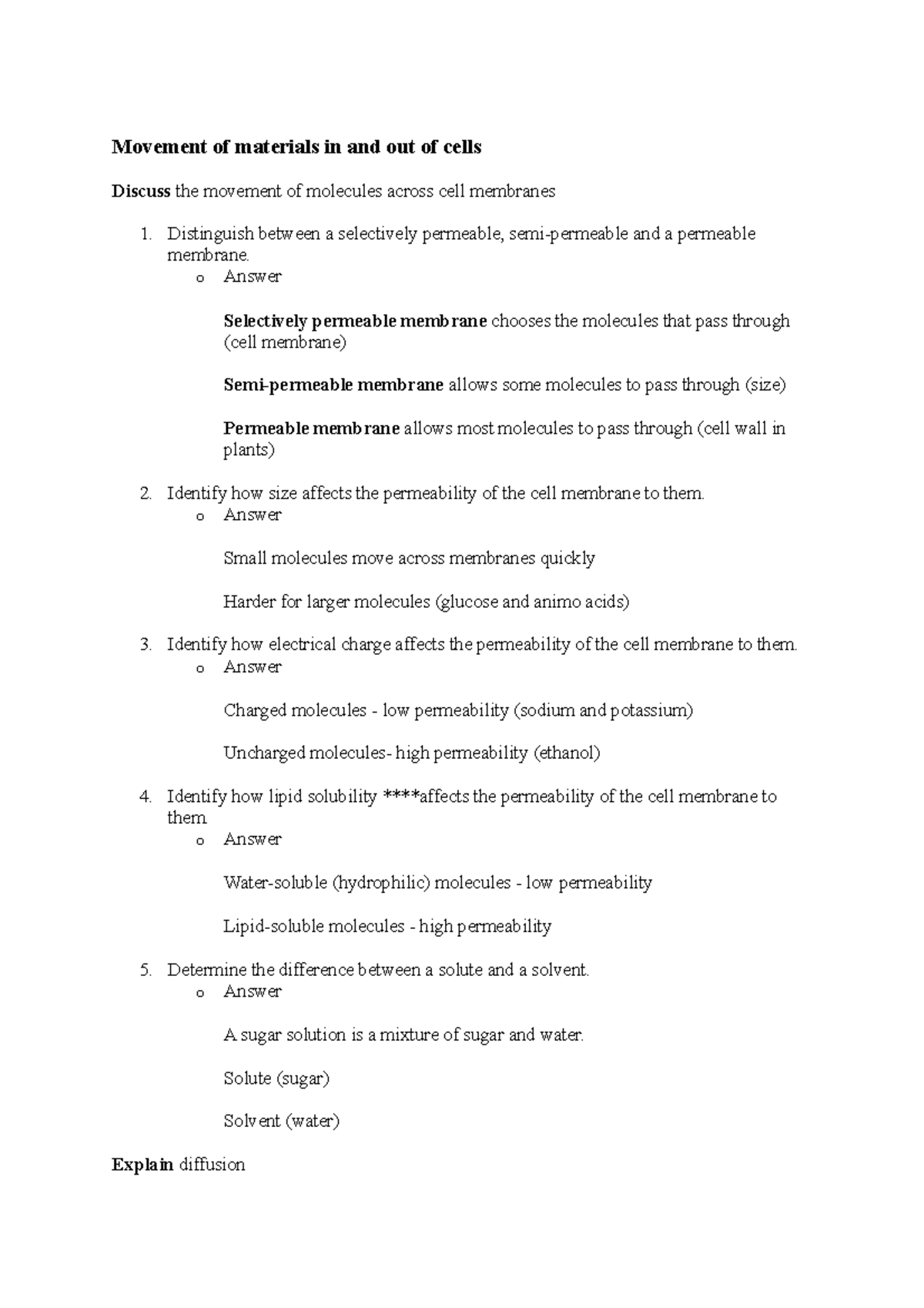 Cell Function and Membrane Transport Complete Notes (Biology 101) - Studocu