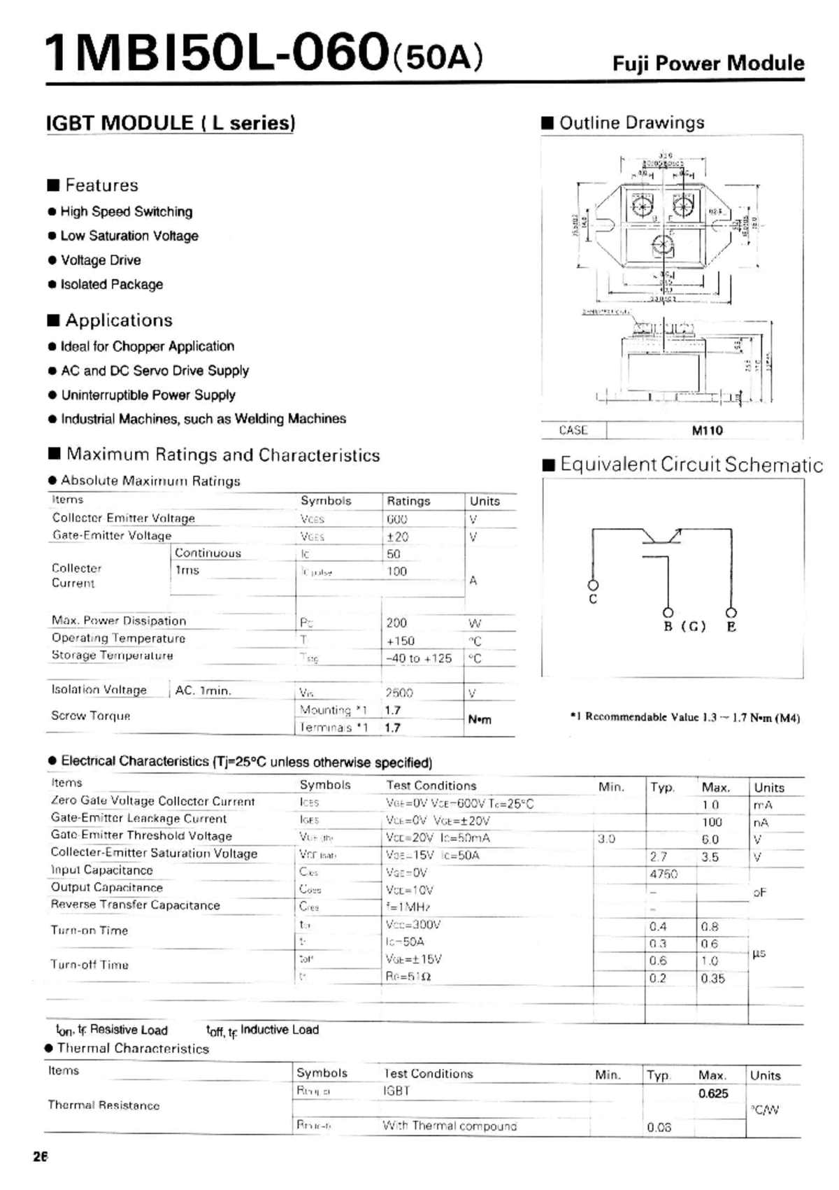 Fuji Power Module IGBT Module (L Series) Specs & Features 1MBI50L-060 ...