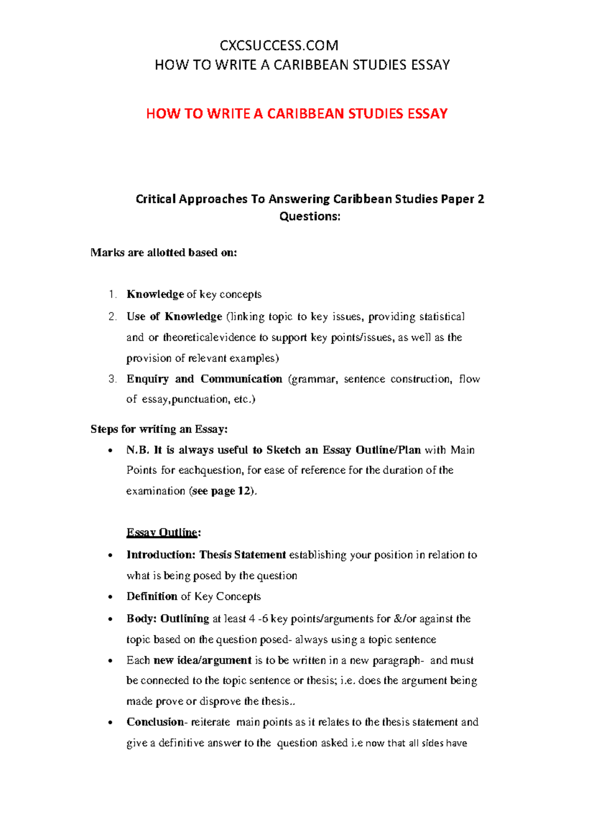 How to Craft a Caribbean Studies Essay: Strategies and Sample - CXC ...