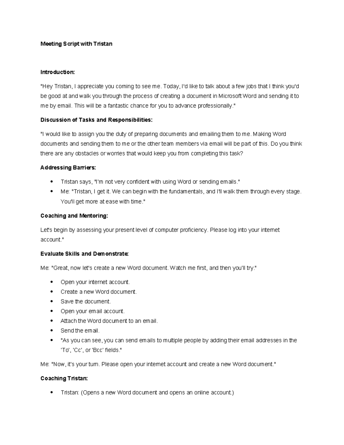Meeting Script: Coaching Tristan on Word & Email Skills - Studocu