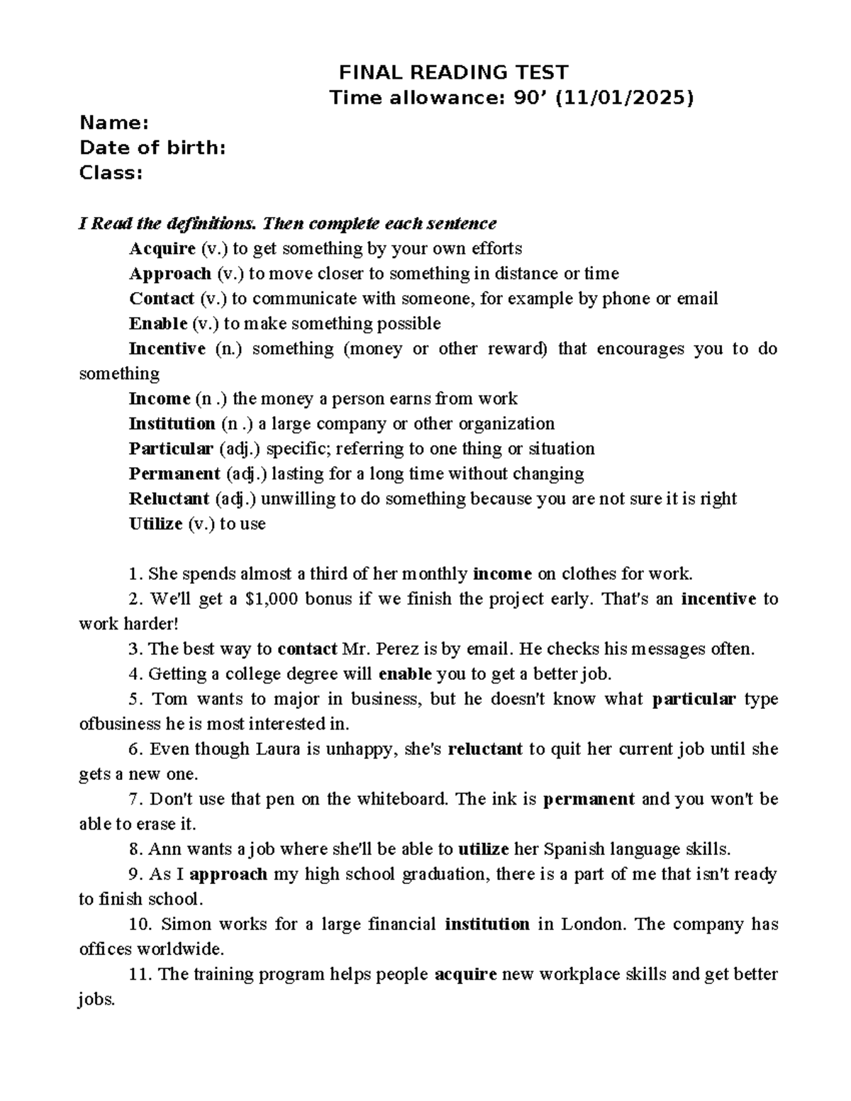 FINAL READING TEST: Vocabulary & Comprehension for Course Code XYZ123 ...
