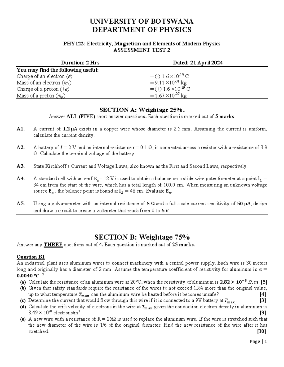 PHY122: Electricity, Magnetism & Modern Physics Assessment Test 2 - Studocu