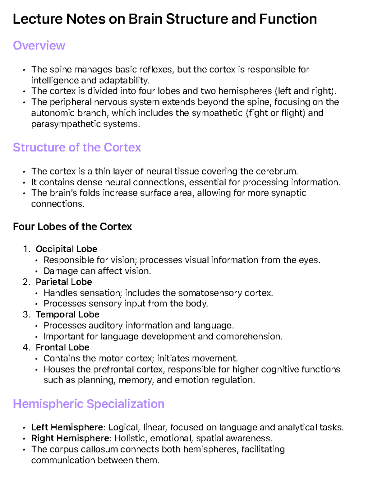 Understanding Brain Structure and Functions: Lecture Notes (BIO101 ...