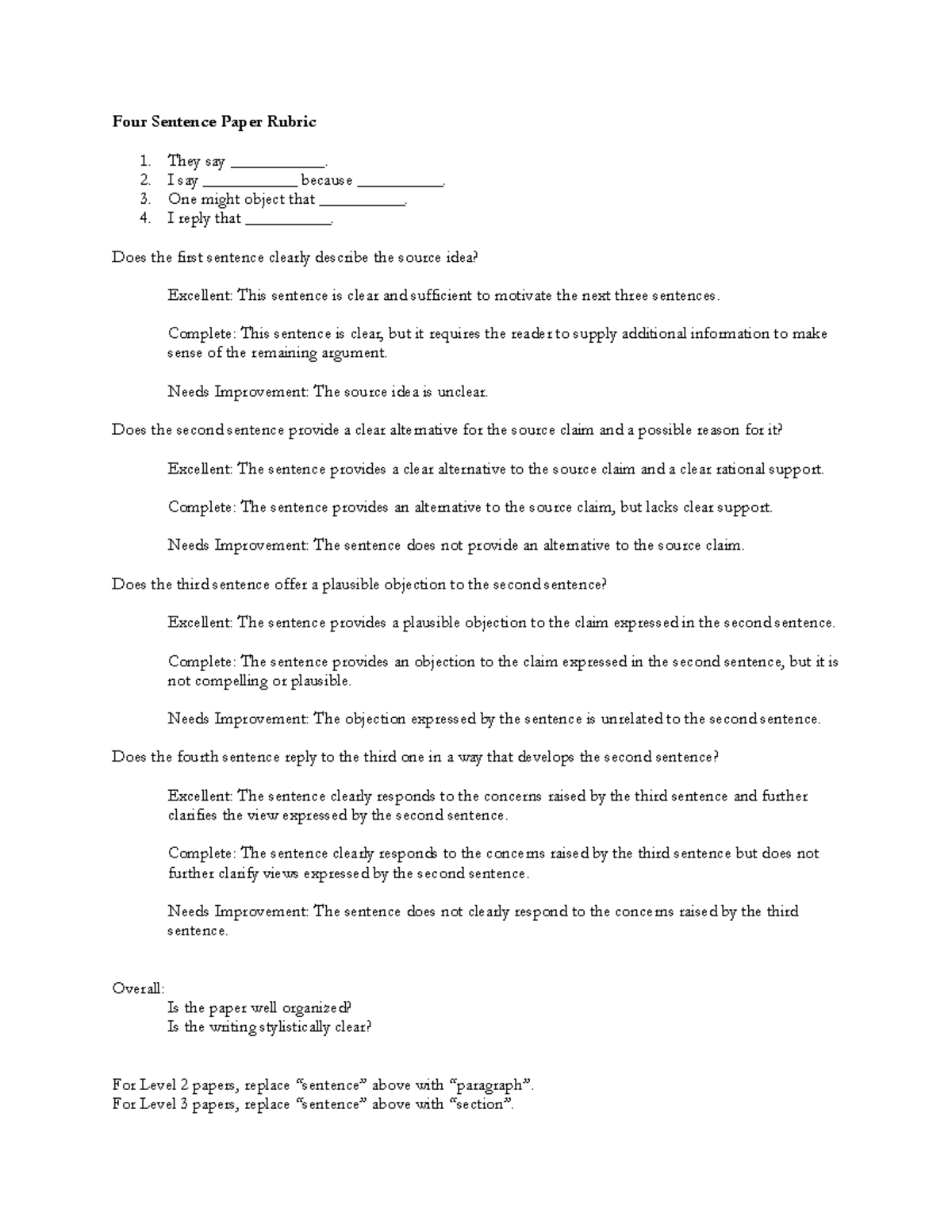 PHIL 220 Four Sentence Paper Grading Rubric Guide - Studocu