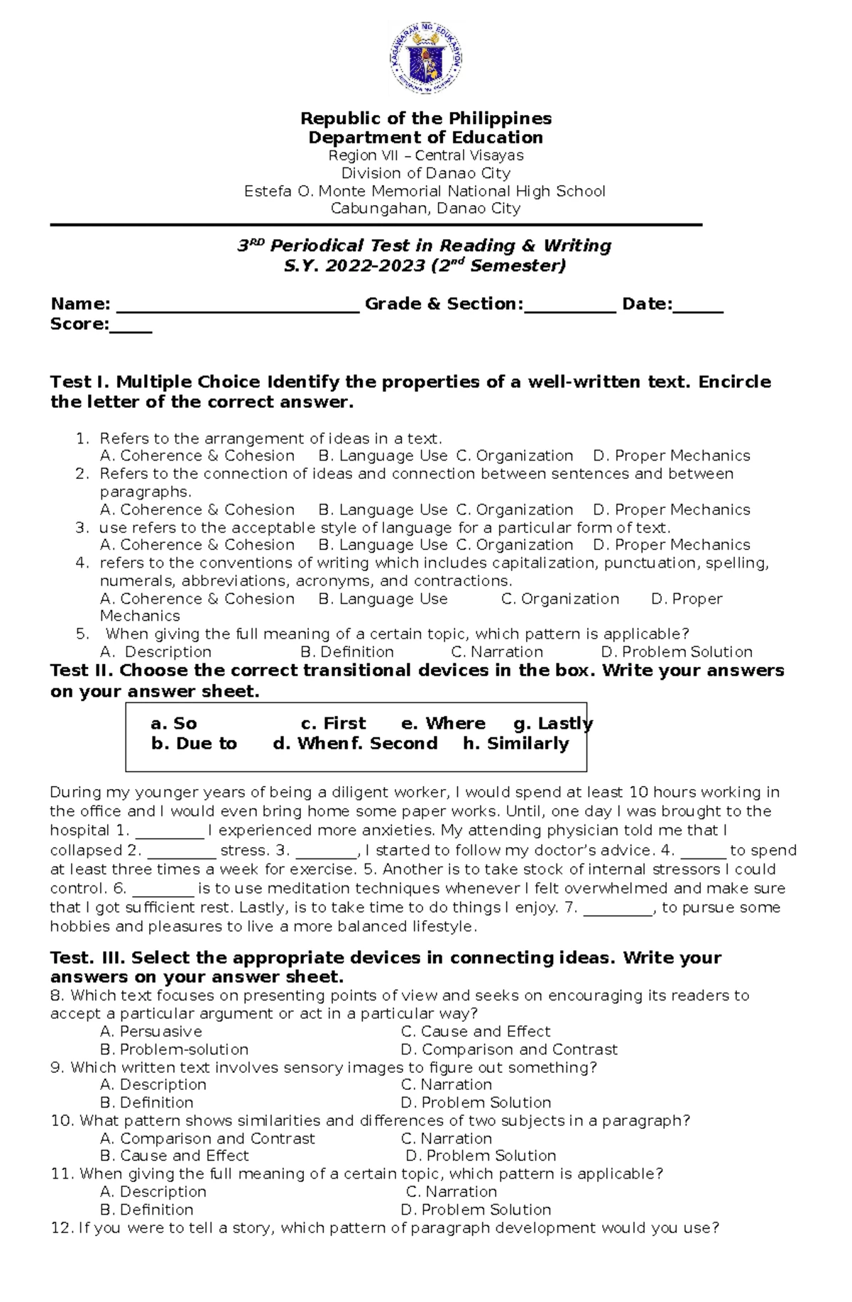 3rd Monthly Test in Reading - Republic of the Philippines Department of ...