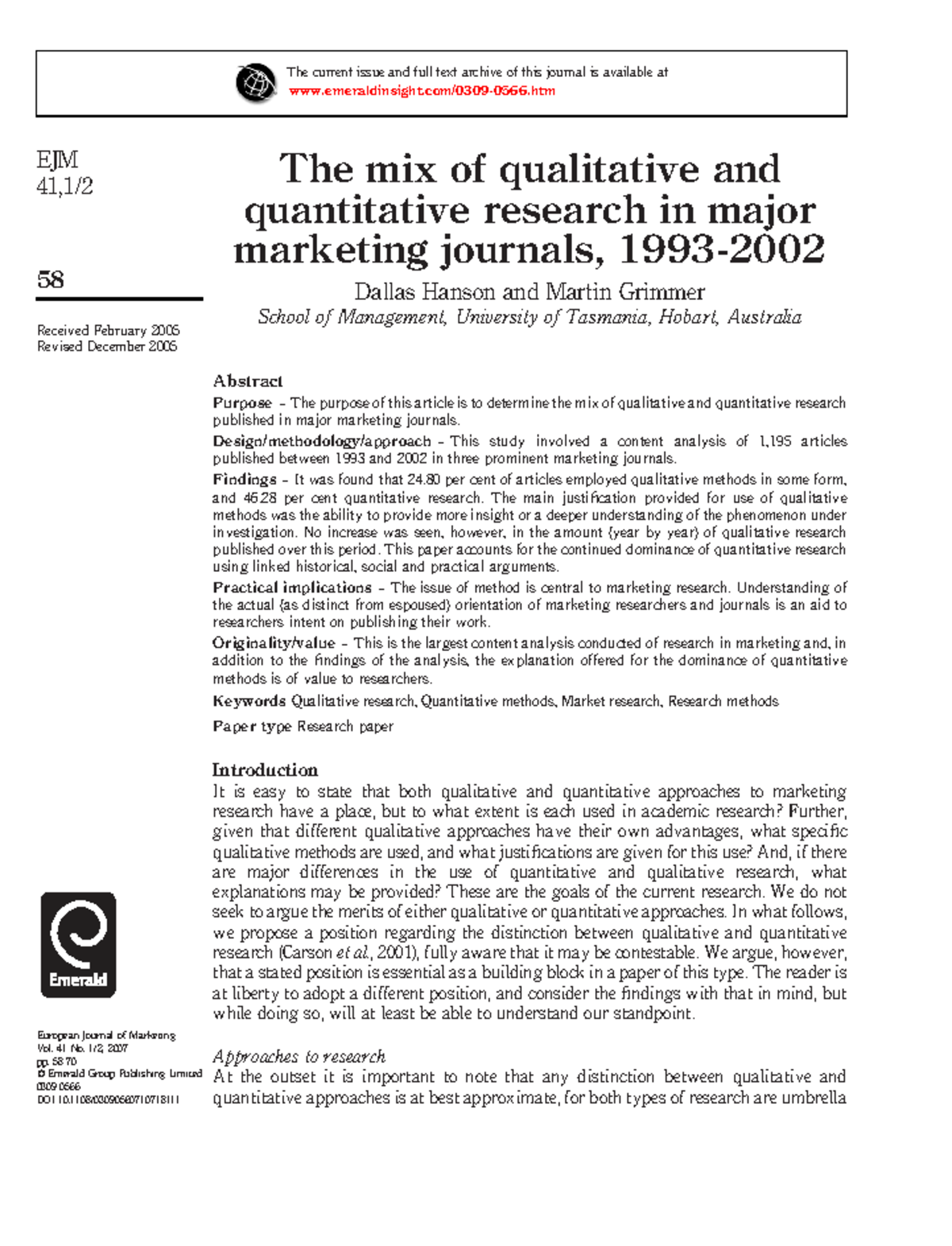 EJM 2005: Qualitative vs Quantitative Research in Marketing Journals ...