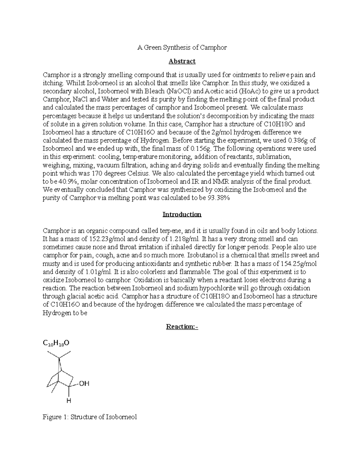Lab Report - Synthesis of Camphor via Isoborneol Oxidation - Studocu