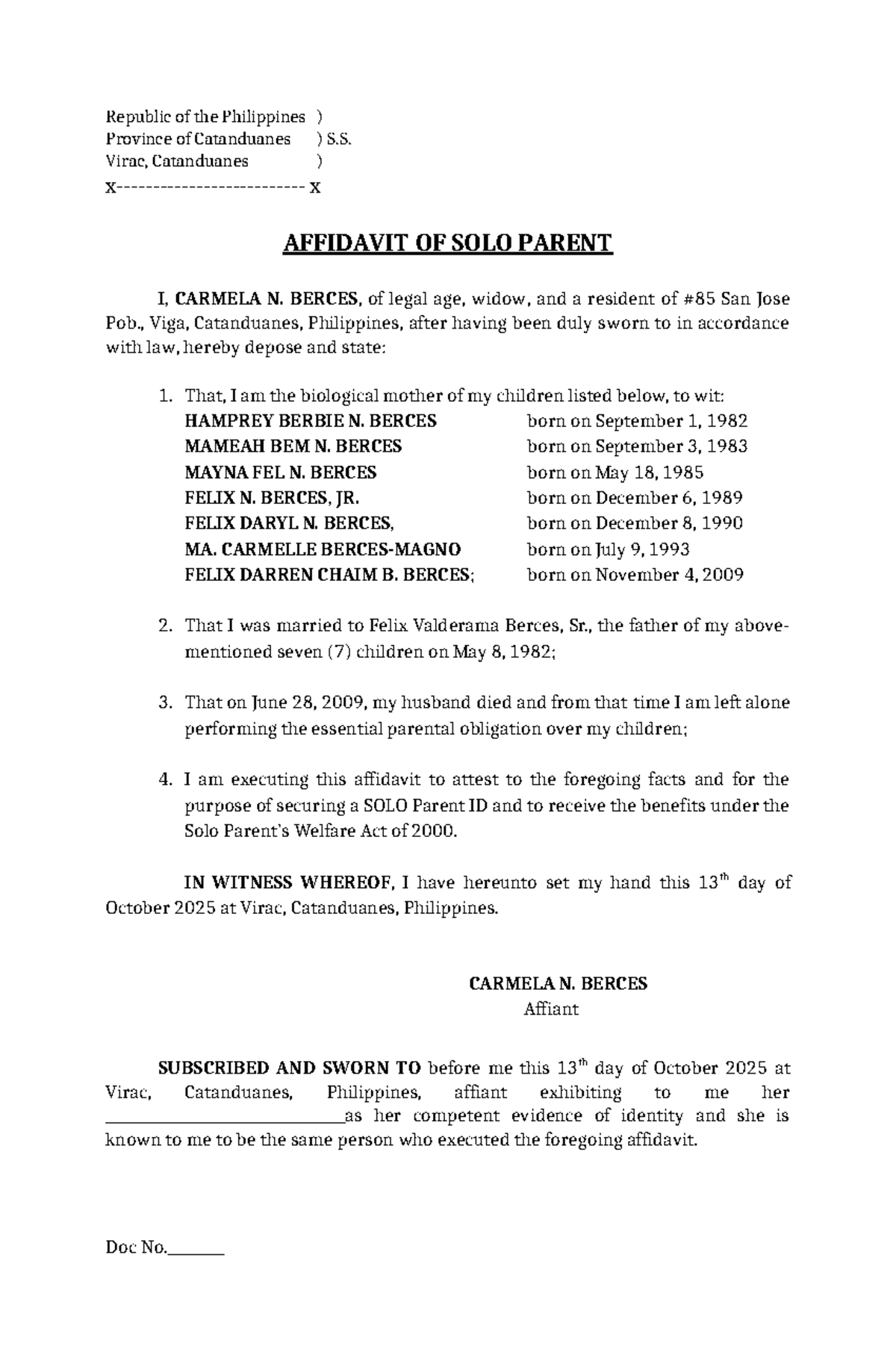 Affidavit of Solo Parent - Carmela N. Berces - Studocu