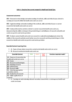 Unit 3 and unit 4 checklist - Unit 3 – Anatomy and Physiology for ...