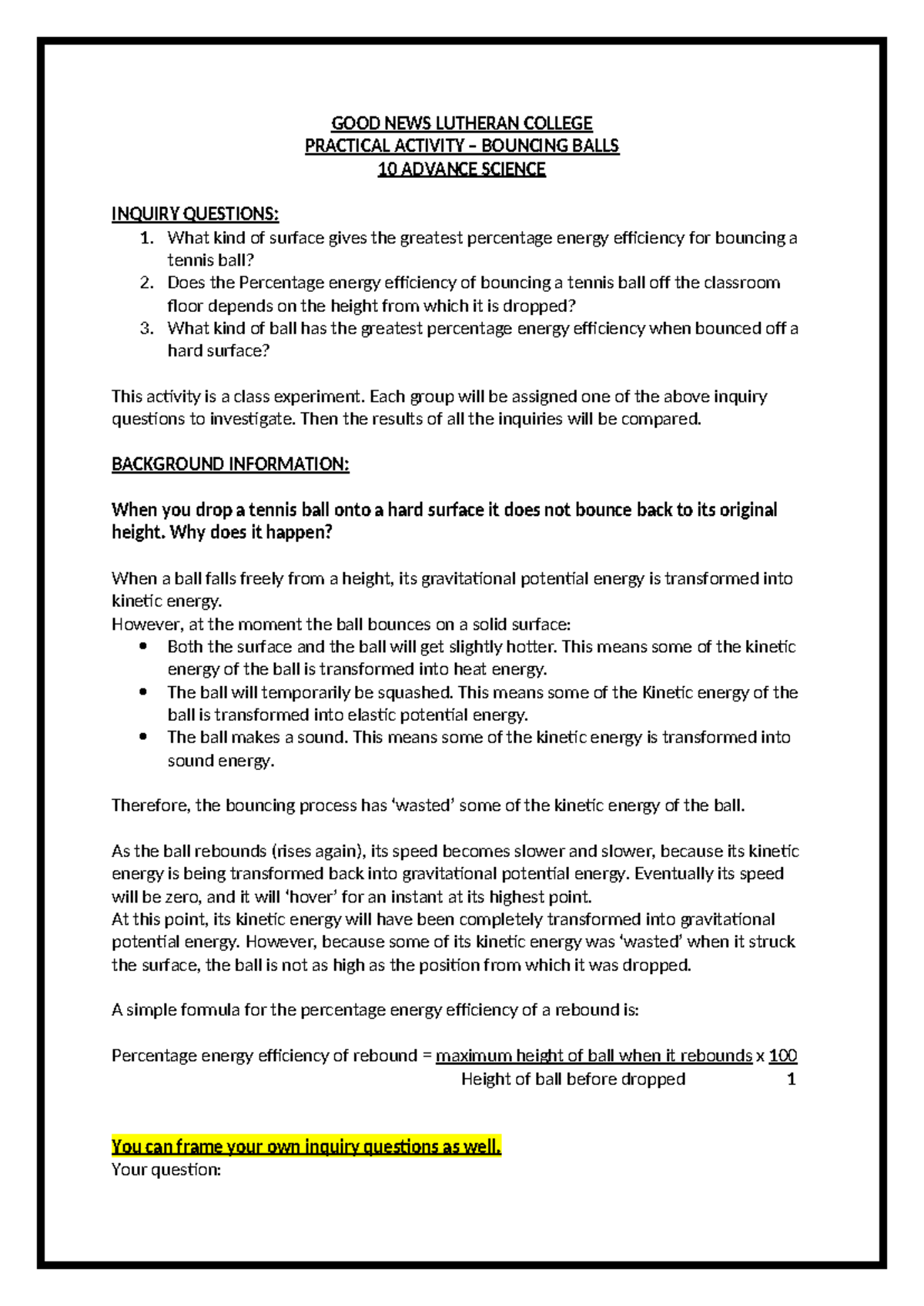 10AS - Bouncing Balls Practical Activity and Inquiry Questions - Studocu