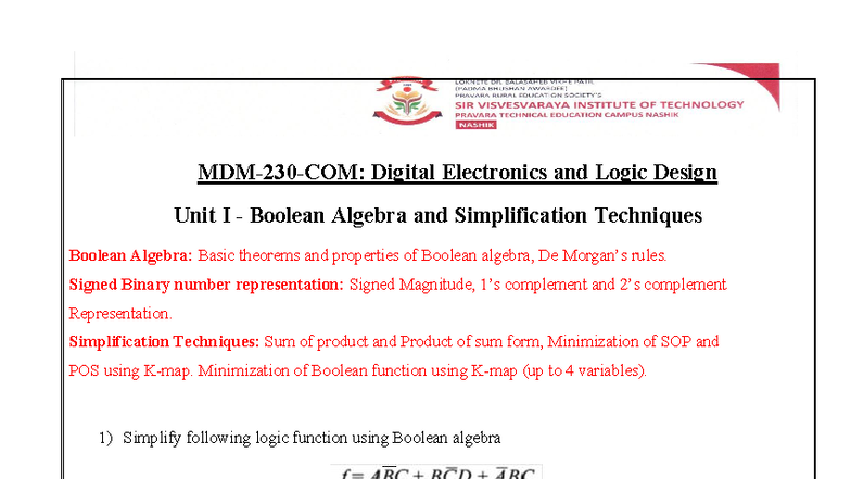DELD 251024 Unit I: Boolean Algebra & Logic Design Techniques - Studocu