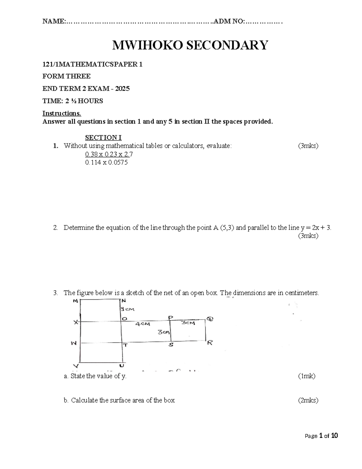 F3 MWIHOKO MATHS PP1 - END TERM 2 EXAM QUESTIONS 2025 - Studocu