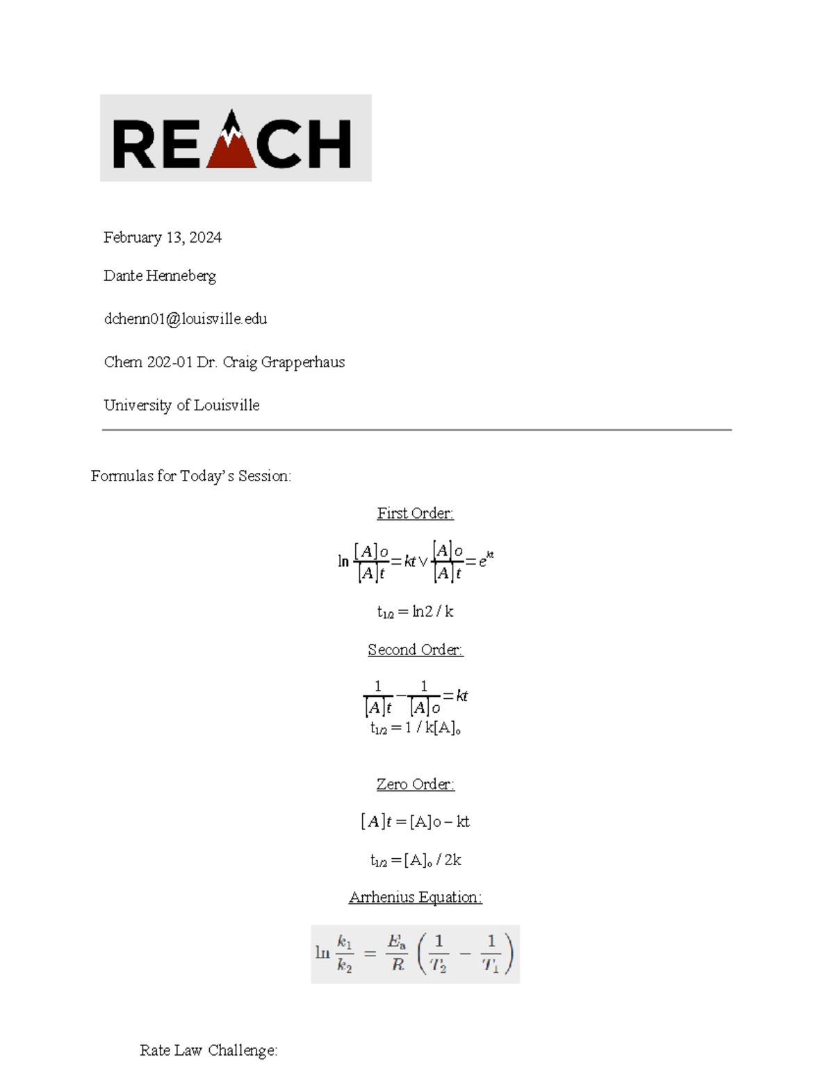 Chem 2 13 PAL Worksheet: Integrated Rate Laws & Reaction Rates - Studocu