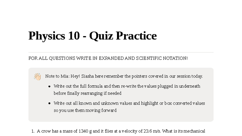 Physics 10 Quiz Practice: Kinetic & Potential Energy Problems - Studocu
