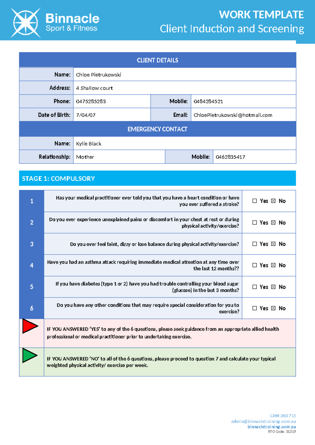 Client Induction and Screening Template - Health Assessment Form - Studocu
