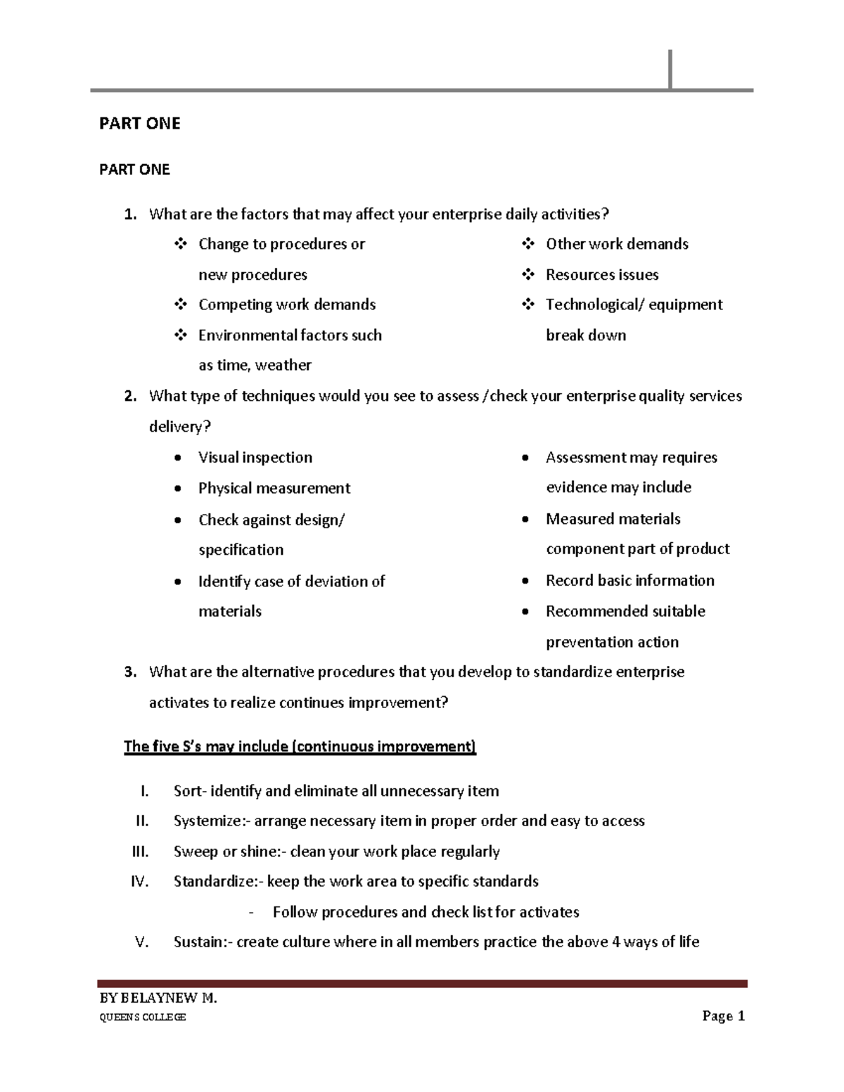 COC EXAM-1: Quality Management and Continuous Improvement Techniques ...
