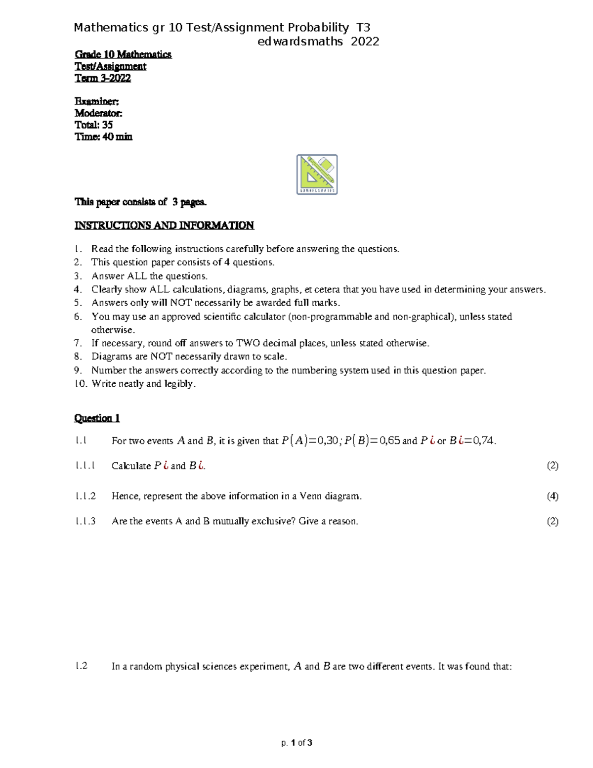 Gr 10 Mathematics Probability Assessment T3 2022 - Edwardsmaths - Studocu
