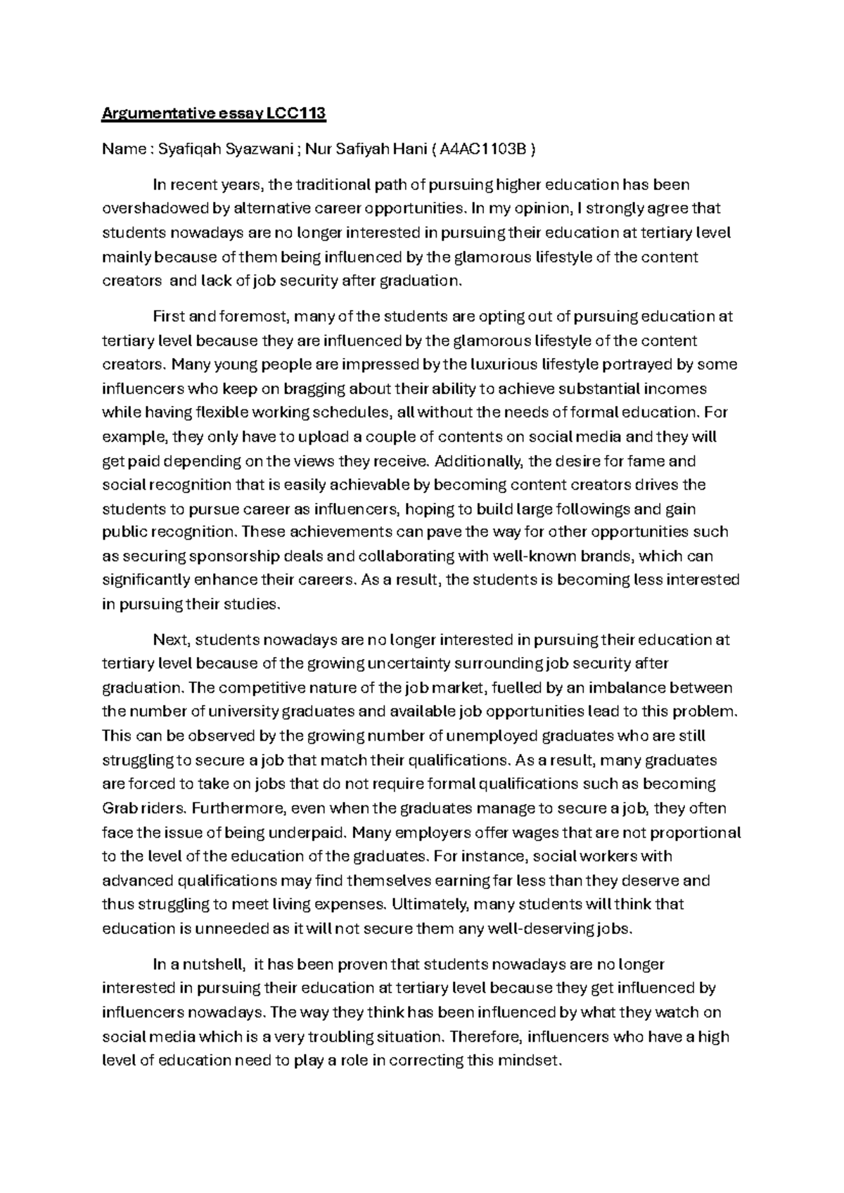 LCC113 Argumentative Essay: The Shift from Tertiary Education - Studocu