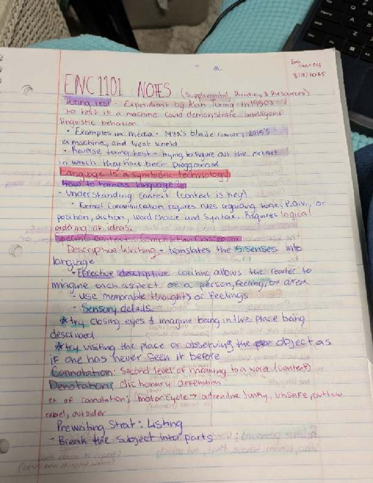 ENC1101 Notes: Turing Test & Descriptive Writing Techniques - Studocu