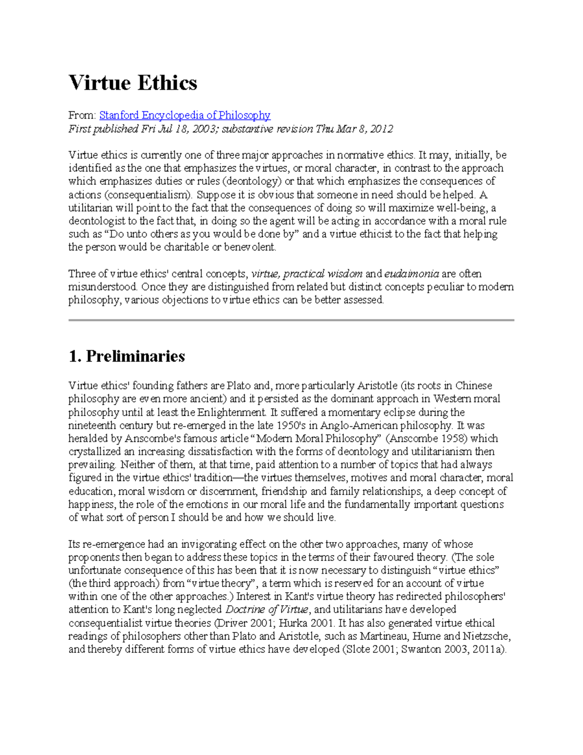 Virtue Ethics: Concepts, Objections, and Moral Characteristics - Studocu