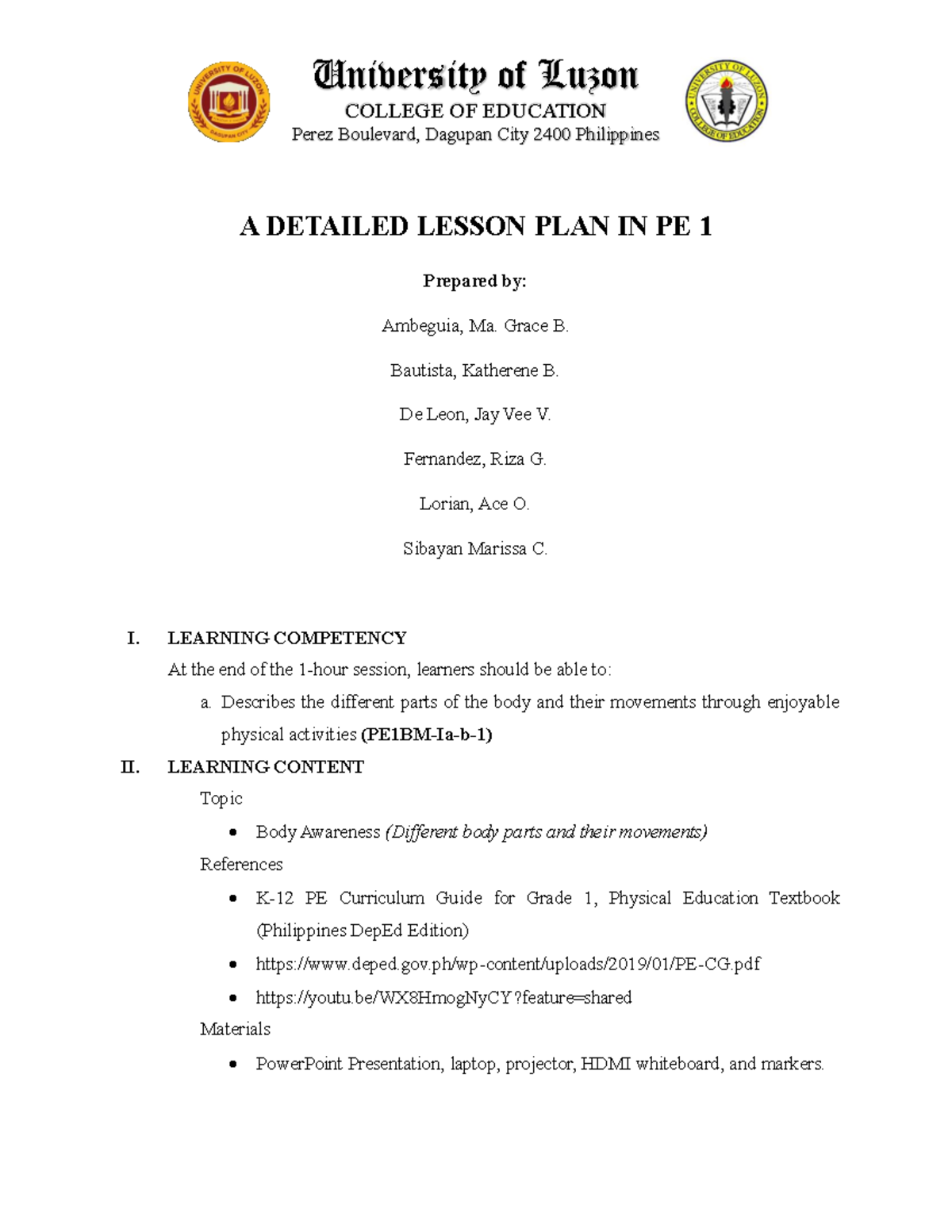 DLP-6 - Detailed Lesson Plan in PE 1: Body Awareness Activities - Studocu