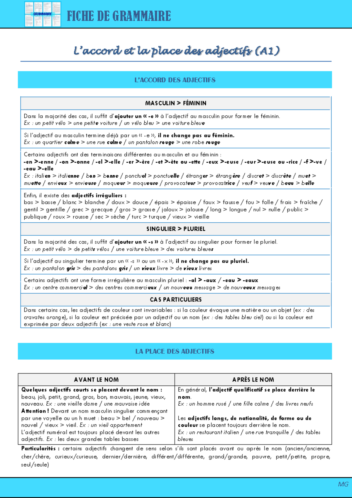FICHE DE GRAMMAIRE A1 : L'Accord et la Place des Adjectifs - Studocu
