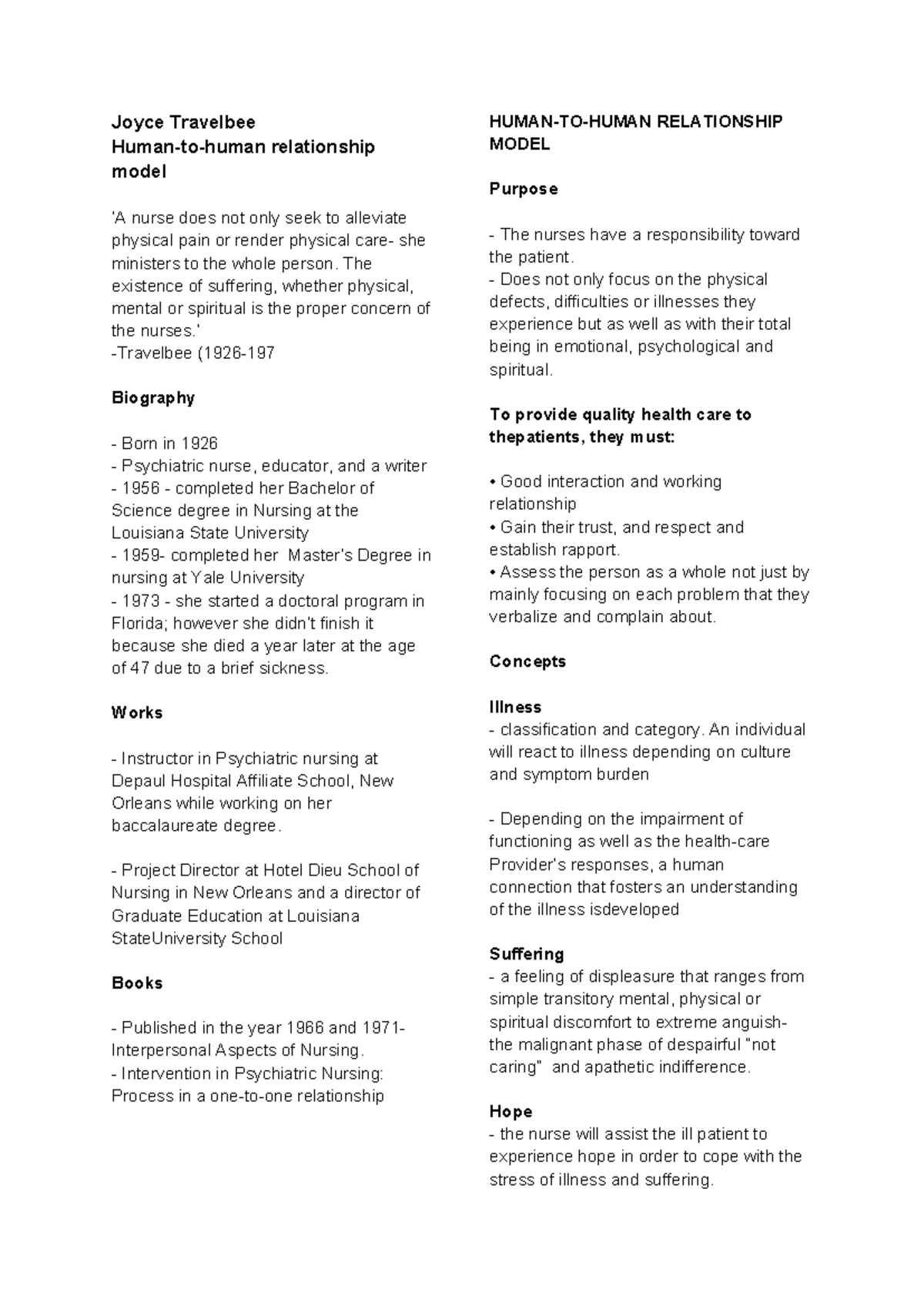 Joyce Travelbee's Human-to-Human Relationship Model - Nursing Theories ...