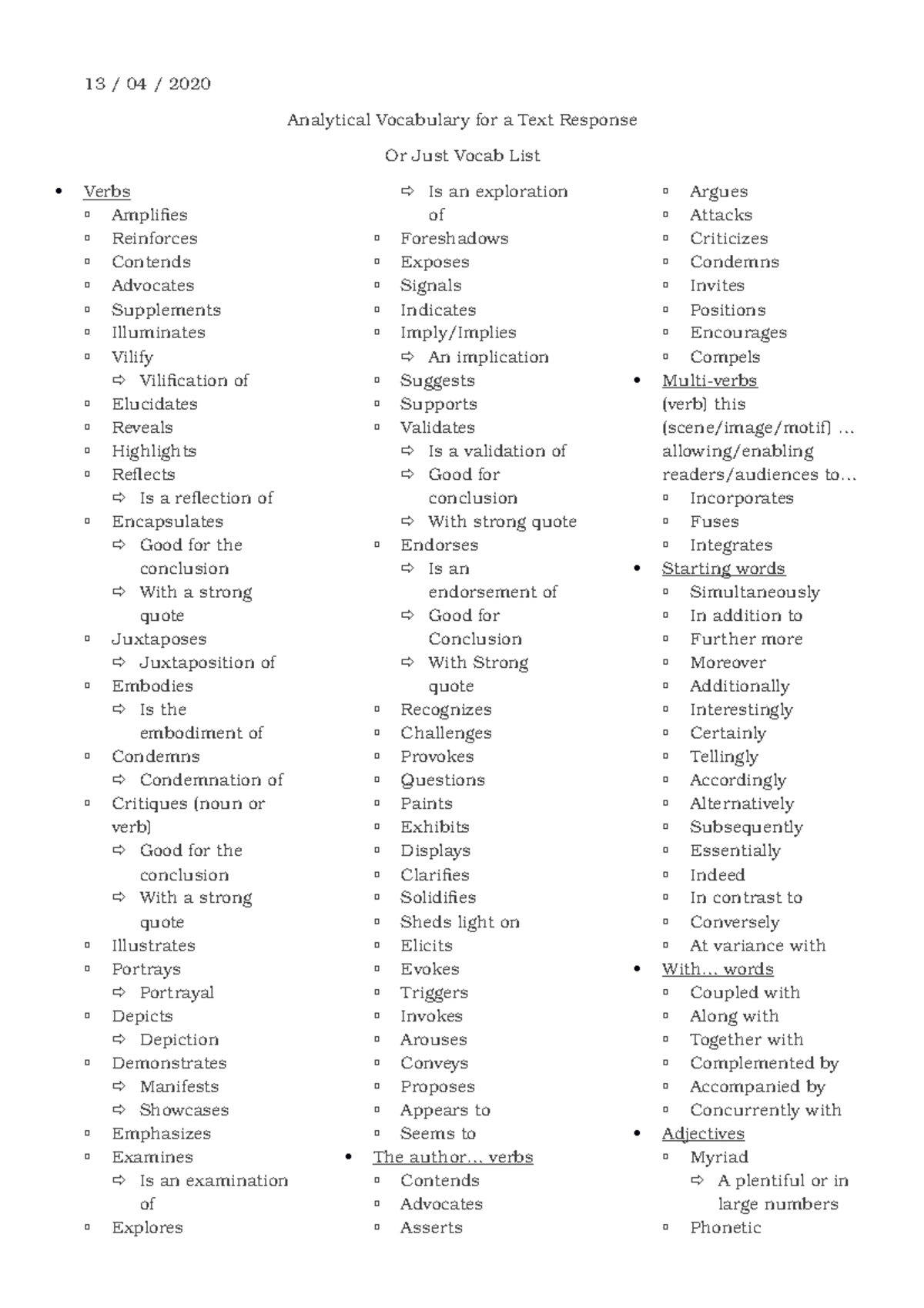 Vocab List - 13 / 04 / 2020 Analytical Vocabulary for a Text Response ...