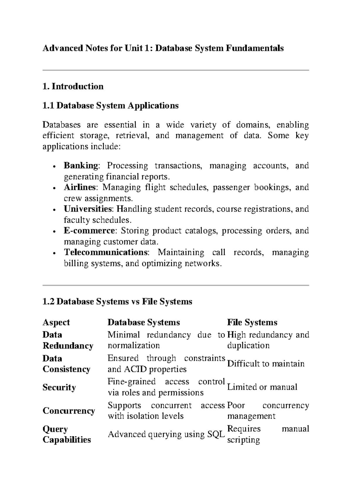 Advanced Notes on DB System Fundamentals (Unit 1) - Studocu