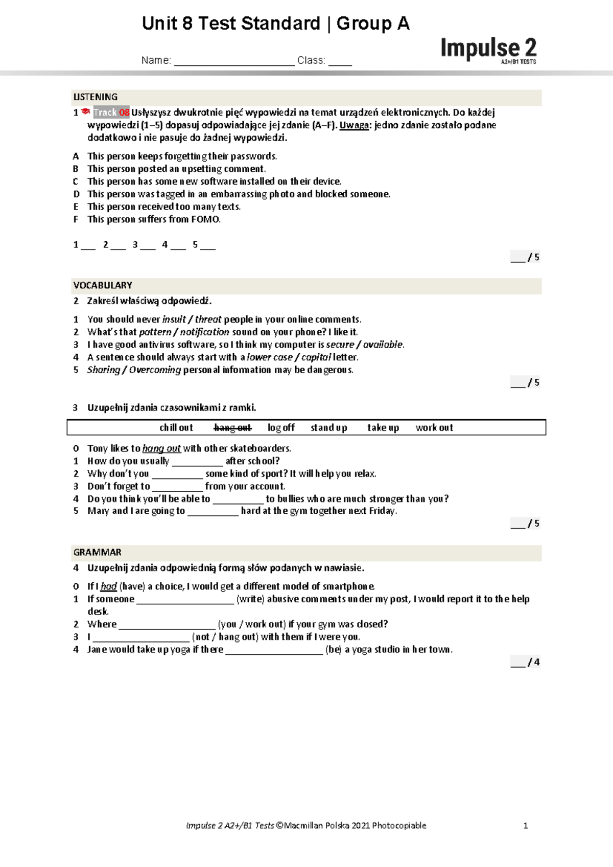 Unit 8 Test Standard A - Oki - Unit 8 Test Standard | Group A Name Unit 8 Test Standard A - Oki - Unit 8 Test Standard | Group A Name