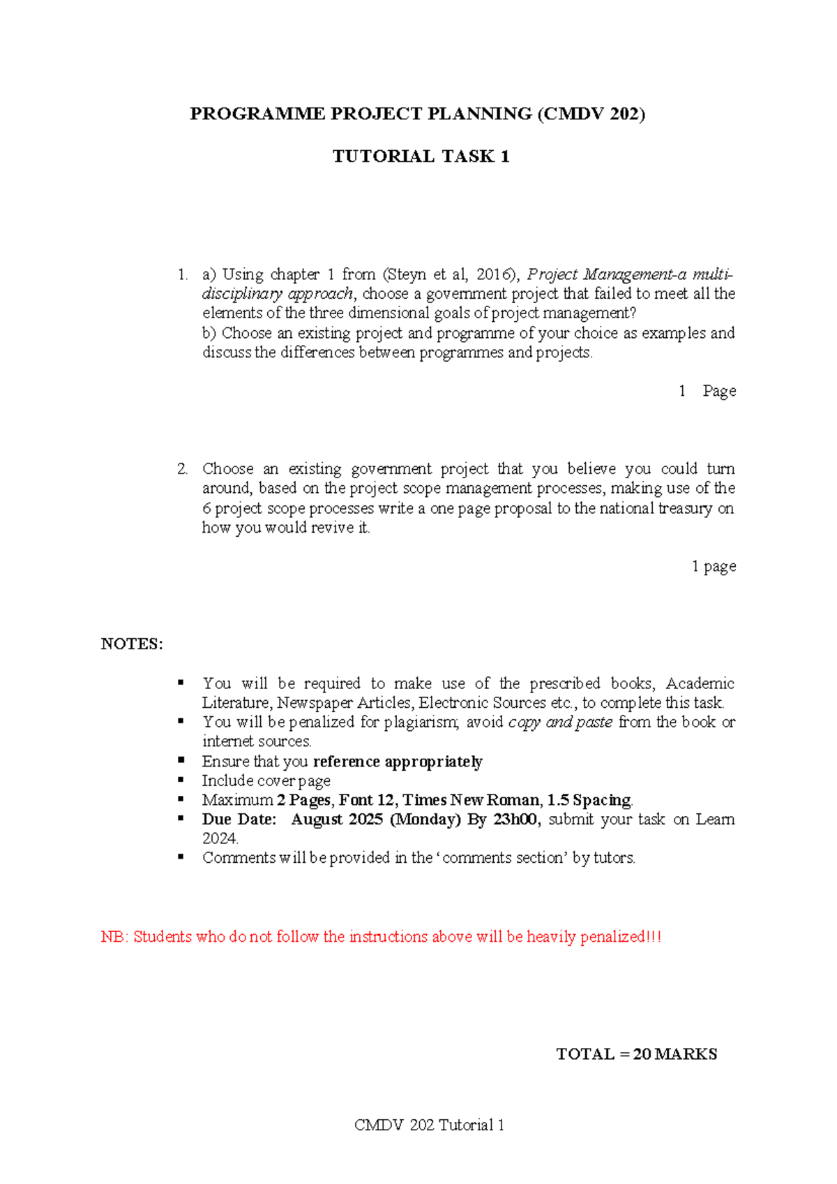 CMDV 202 Tutorial Task 1: Project Planning & Scope Management - Studocu
