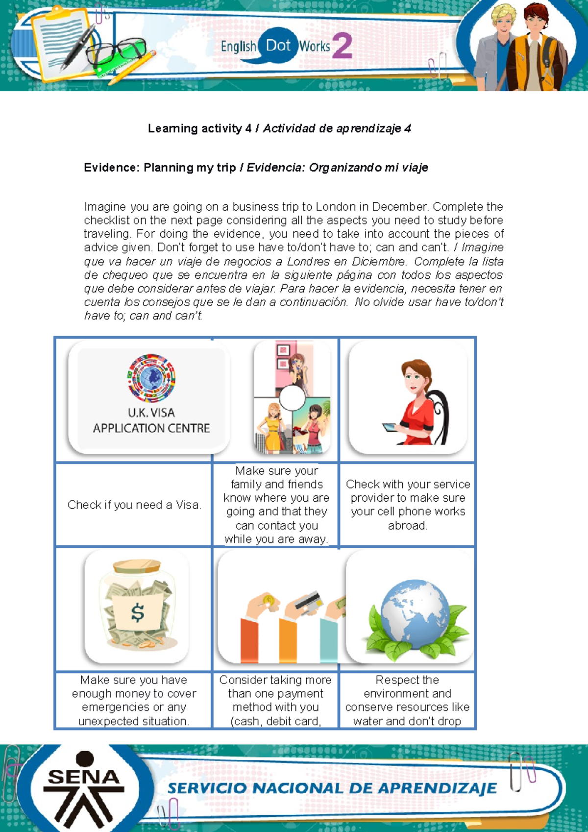 Evidence Planning my trip - ingles dot works - SENA - Studocu