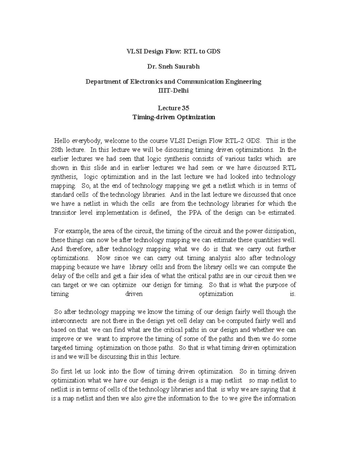 VLSI Design Flow: Lecture 35 - Timing-Driven Optimization (ECE) - Studocu