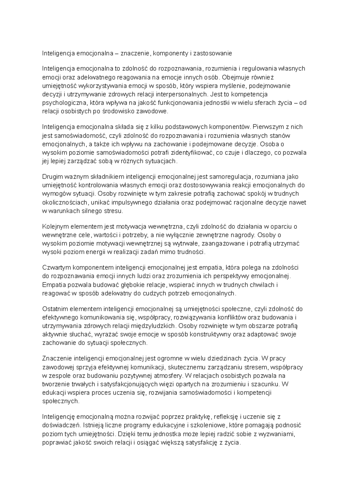 Referat: Znaczenie i Komponenty Inteligencji Emocjonalnej - Studocu