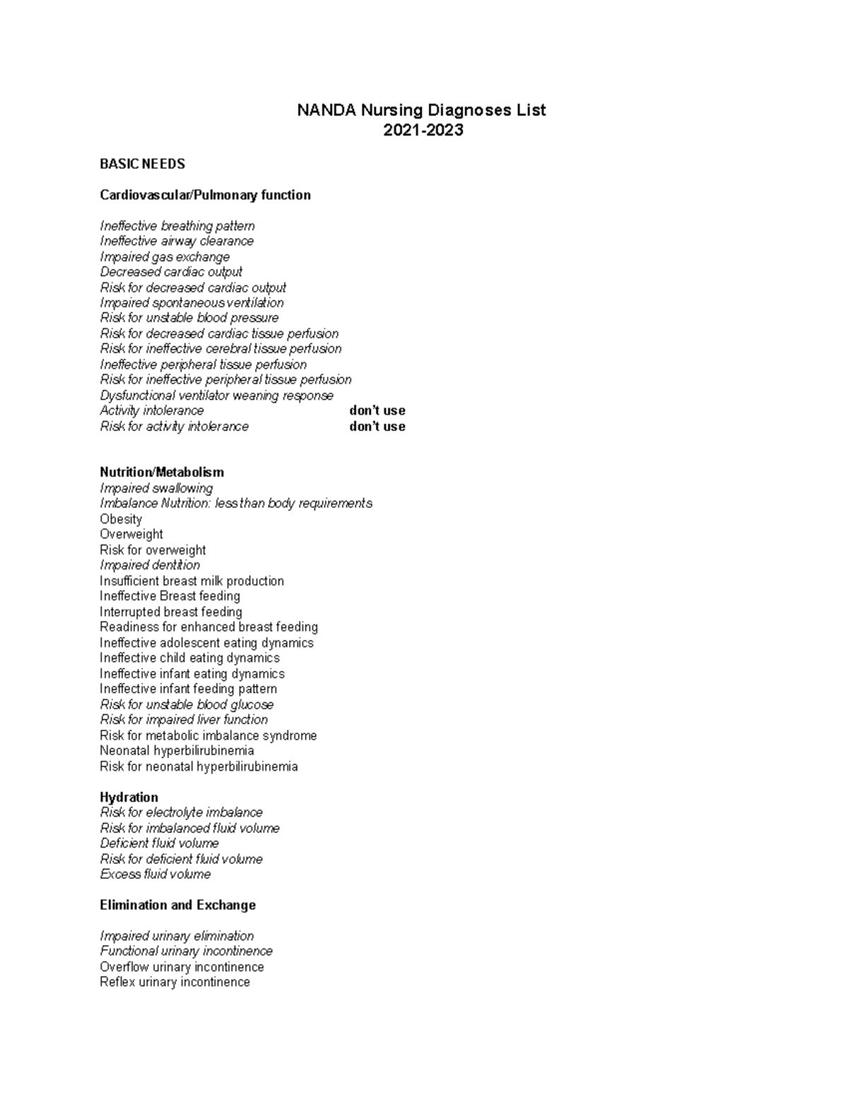 Nanda Nursing Diagnoses List 2021-2023 - NANDA Nursing Diagnoses List ...