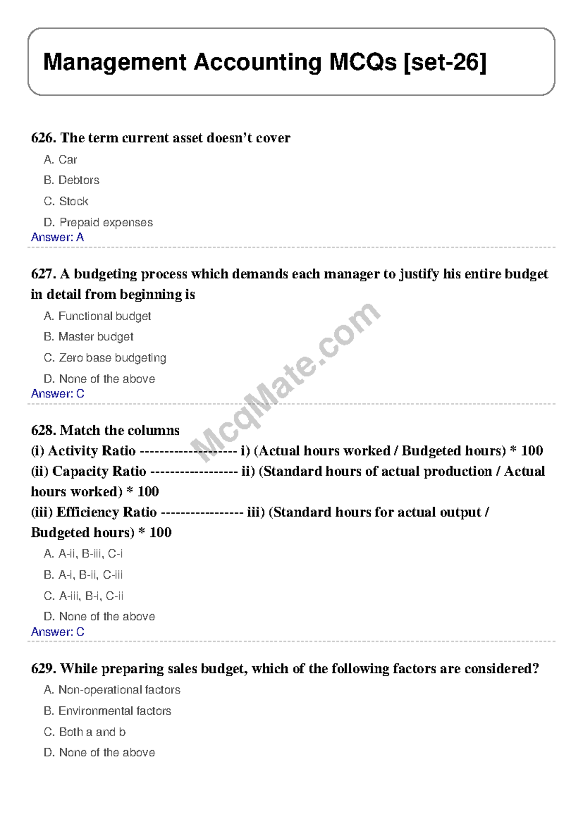 Management Accounting MCQs Set-26: Practice Questions & Answers - Studocu