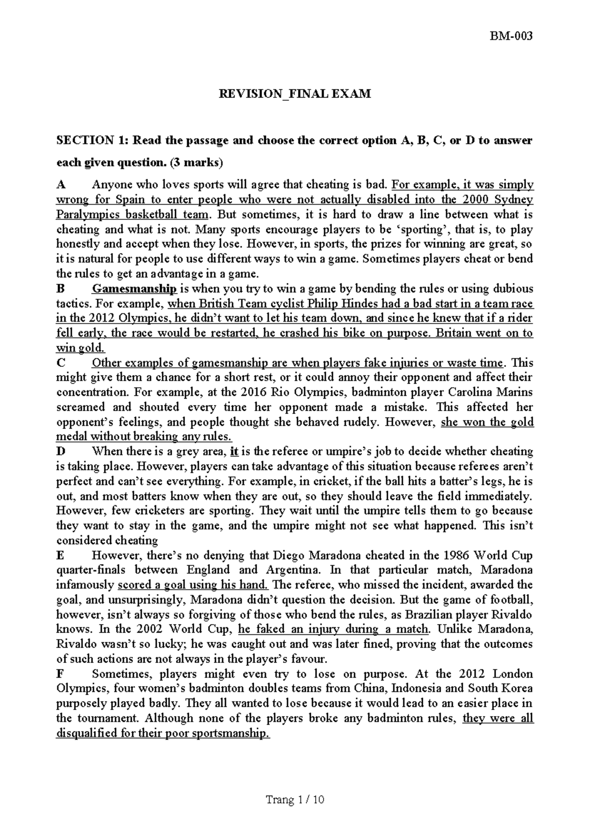 Revision Final Exam: Cheating vs. Gamesmanship in Sports (ENG101) - Studocu