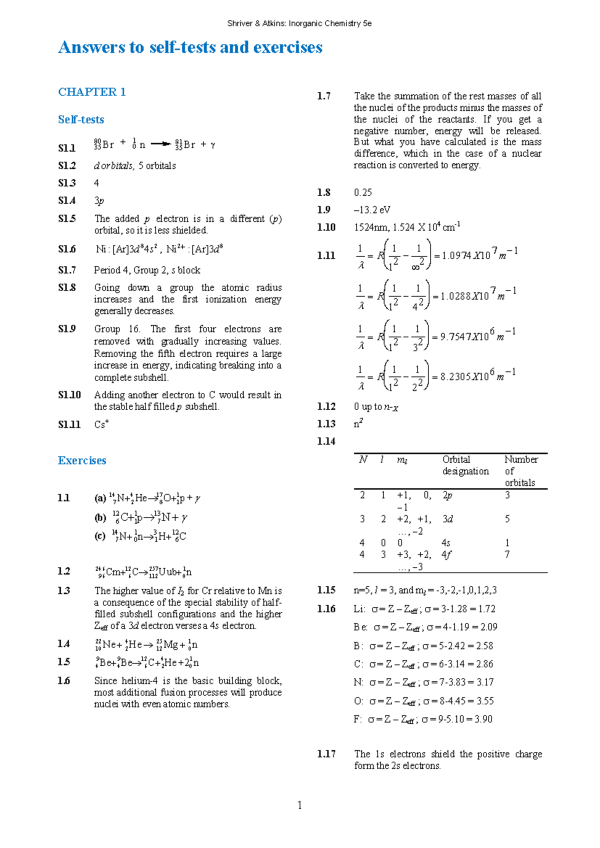 Shriver Atkins: Inorganic Chemistry 5e Solutions to Exercises - Chapter ...