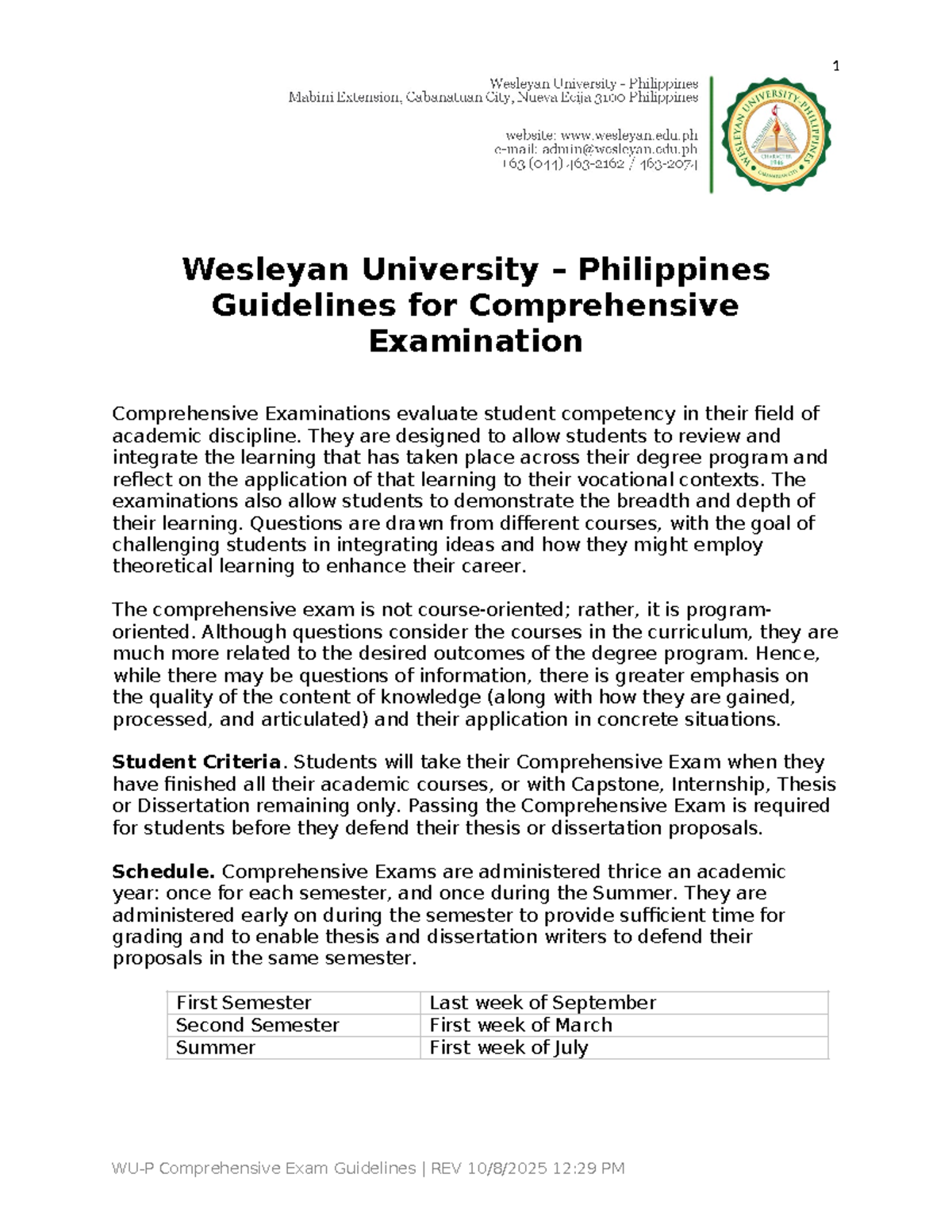 WUP Comprehensive Examination Guidelines and Evaluation Criteria - Studocu