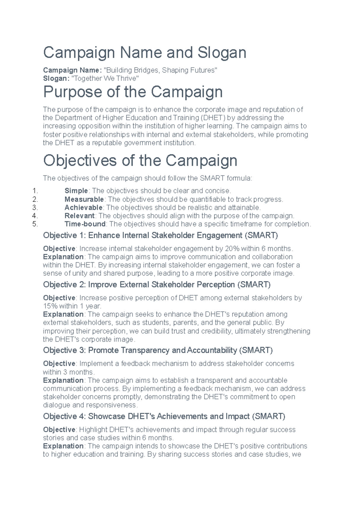 Campaign Name & Slogan: "Building Bridges, Shaping Futures" Overview - Studocu