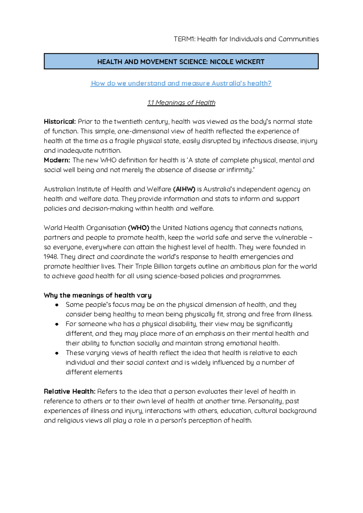 TERM1: Understanding Health in Individuals & Communities - HMS Notes ...