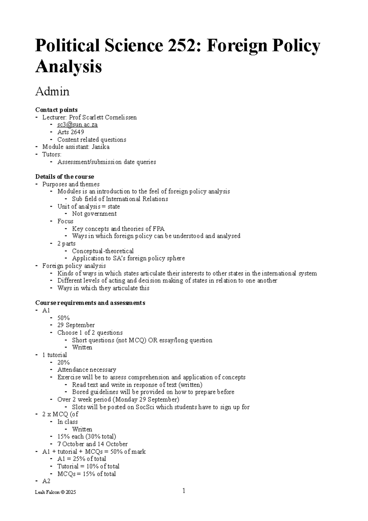 Political Science 252: Foreign Policy Analysis Overview and Key ...