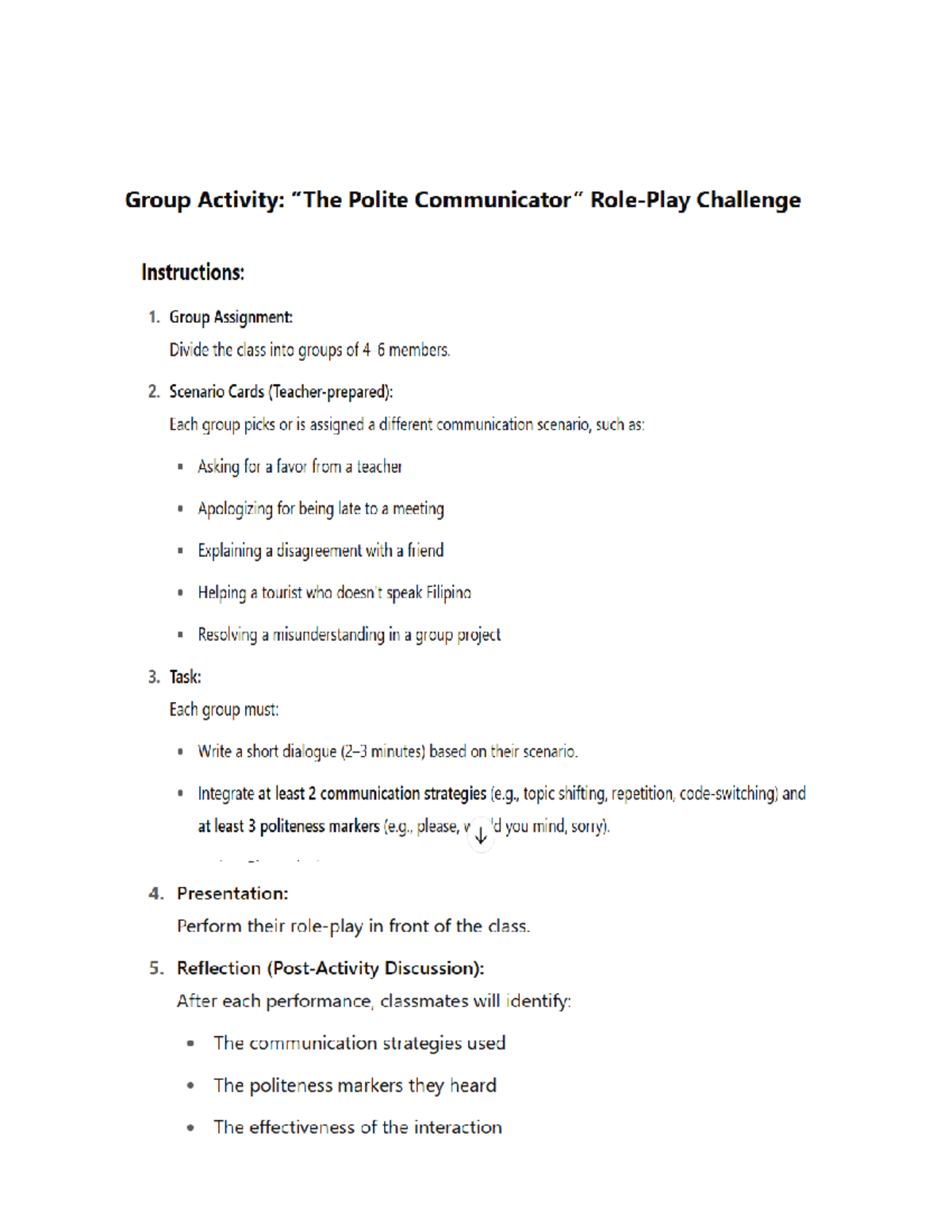 Group Activity: Polite Challenge Instructions for Week 5 Performance ...