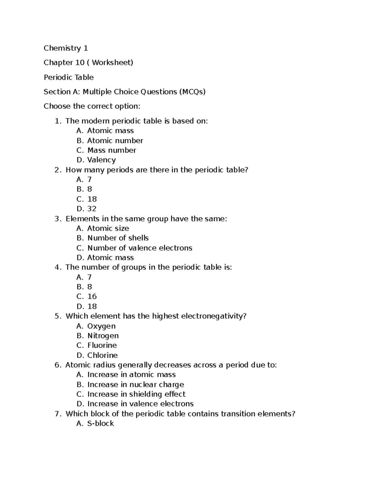 Chemistry 1 Chapter 10 Worksheet: Periodic Table MCQs & Short Answers ...
