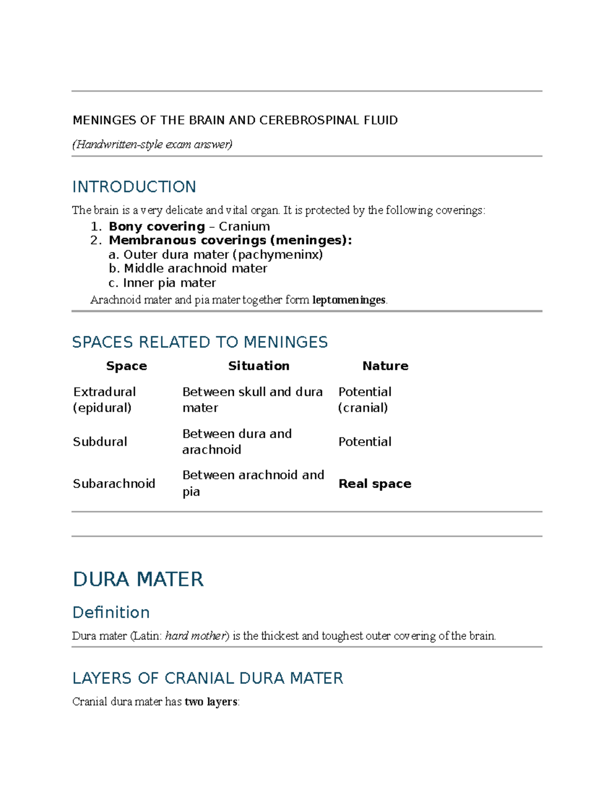 MENINGES OF THE BRAIN AND CEREBROSPINAL FLUID (Exam Notes) - Studocu